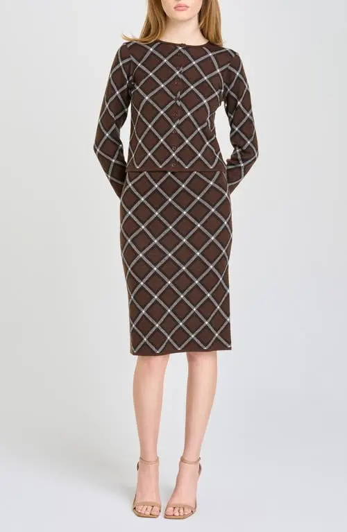 WAYF Willa Leopard Print Knit Midi Skirt - Brown Checker