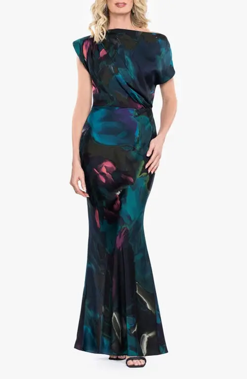 Betsy & Adam Floral Print Asymmetrical Neckline Gown - Teal/multi