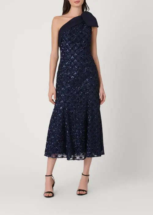 Shoshanna Midnight Diamond Sequin Mesh One-shoulder Gown