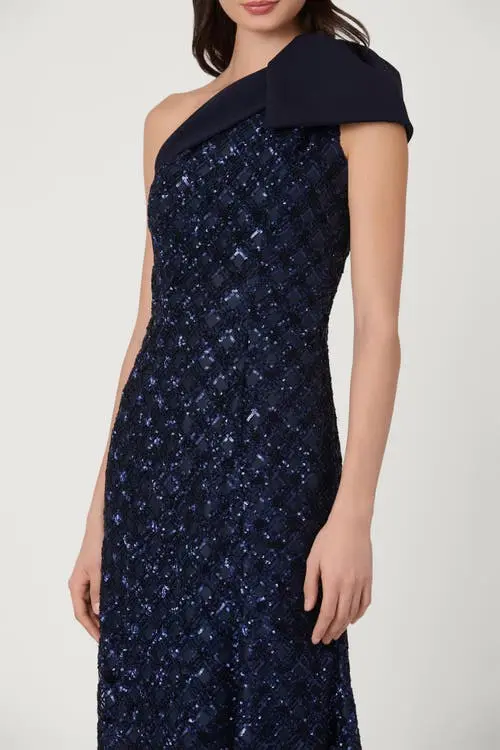 Shoshanna Midnight Diamond Sequin Mesh One-shoulder Gown