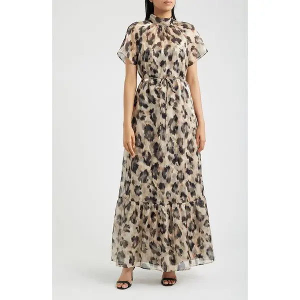 Julia Jordan Printed Organza Gown With Tie Waist And Bow Detail