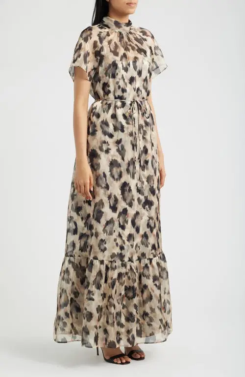 Julia Jordan Printed Organza Gown With Tie Waist And Bow Detail