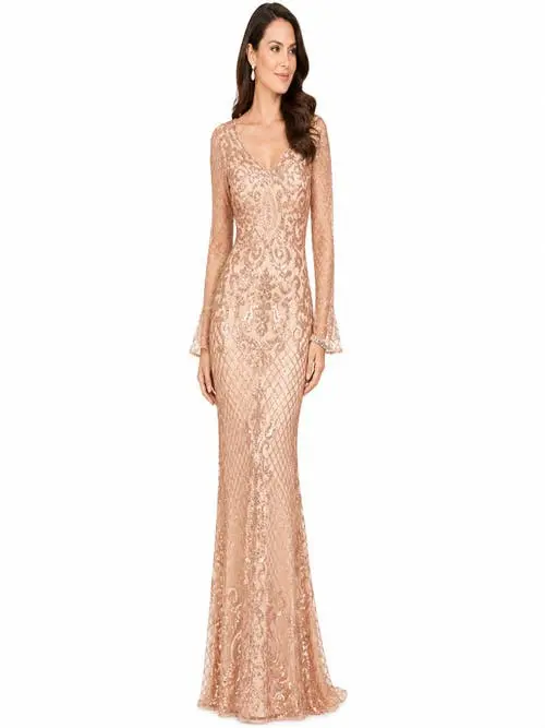 LARA NEW YORK Beaded Long Sleeve V-neck Gown - Blush