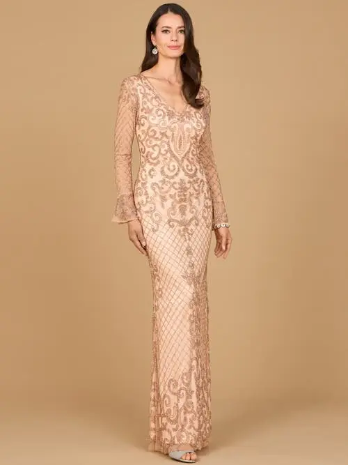 LARA NEW YORK Beaded Long Sleeve V-neck Gown - Blush