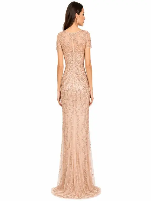 LARA NEW YORK Beaded Long Sleeve V-neck Gown - Blush