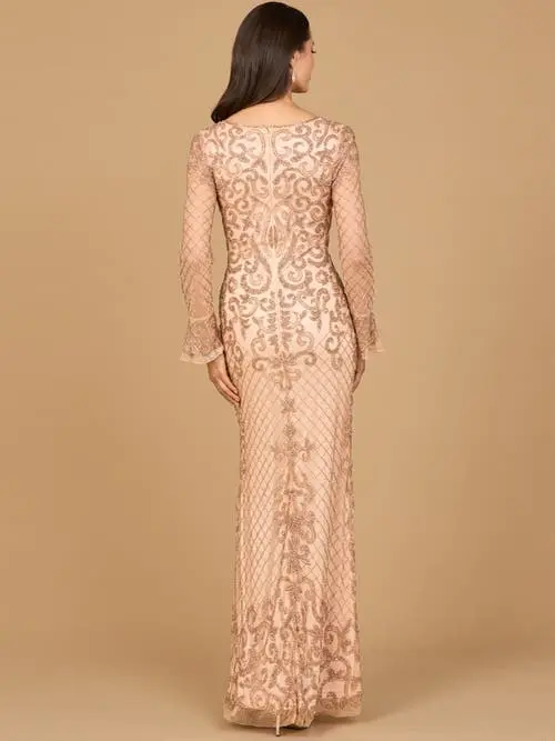LARA NEW YORK Beaded Long Sleeve V-neck Gown - Blush