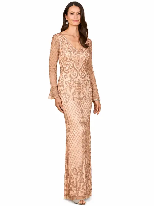 LARA NEW YORK Beaded Long Sleeve V-neck Gown - Blush