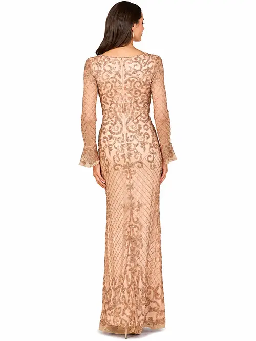 LARA NEW YORK Beaded Long Sleeve V-neck Gown - Blush