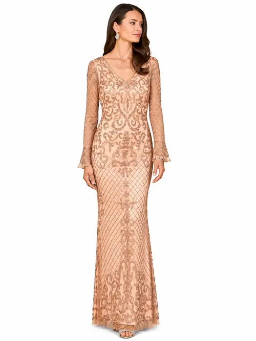 LARA NEW YORK Beaded Long Sleeve V-neck Gown - Blush