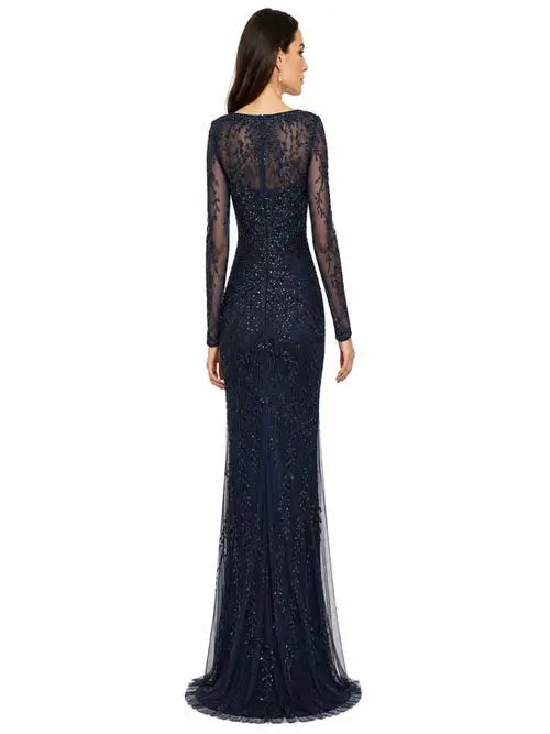 LARA NEW YORK Beaded Long Sleeve V-neck Gown