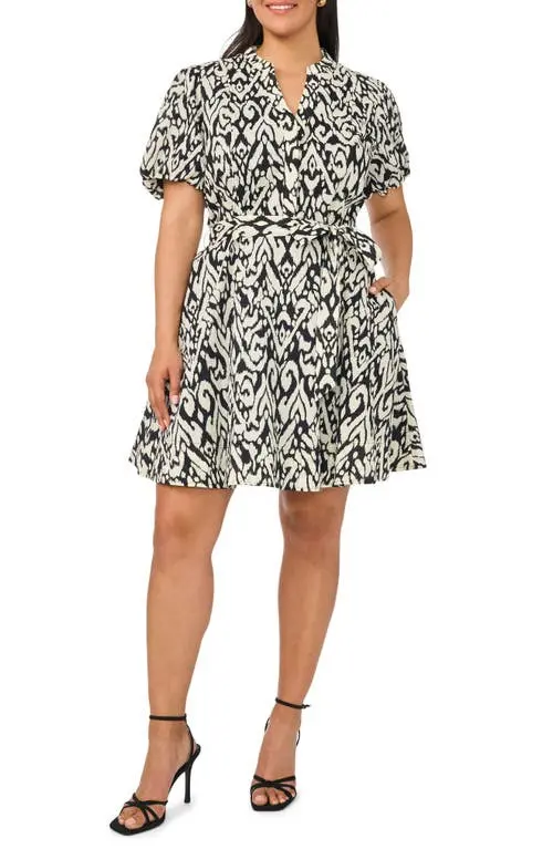 Vince Camuto Ikat Print Puff Sleeve A-line Mini Dress - Rich Black