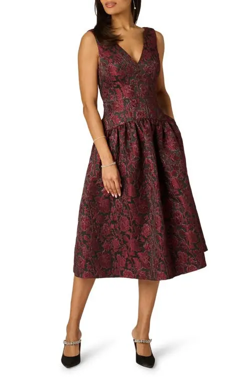 Adrianna Papell Floral Metallic Jacquard Midi Dress