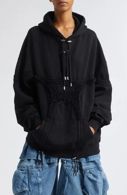 Collina Strada Soft Star Drawstring Ruched Cotton Hoodie - Black