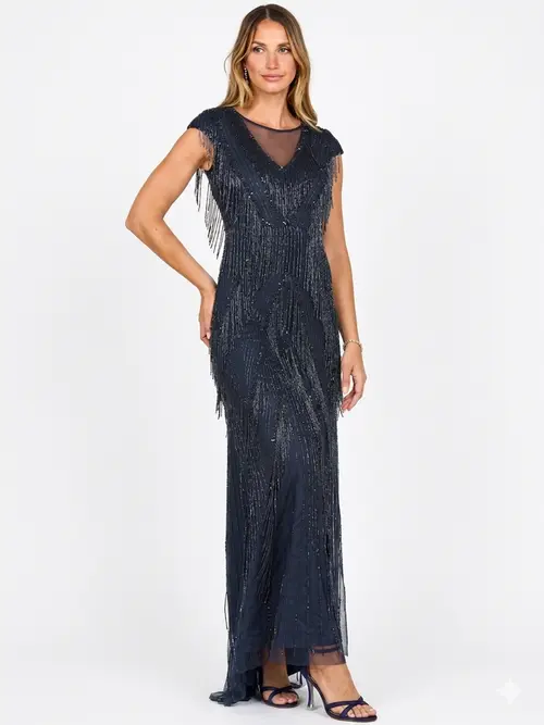 LARA NEW YORK Beaded Fringe V-neckline Dress With Cap Sleeves - Navy