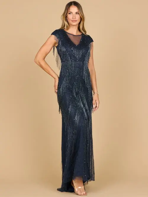 LARA NEW YORK Beaded Fringe V-neck Gown With Cap Sleeves - Navy