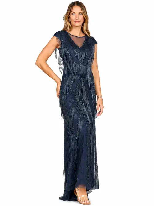 LARA NEW YORK Beaded Fringe V-neck Gown With Cap Sleeves - Navy