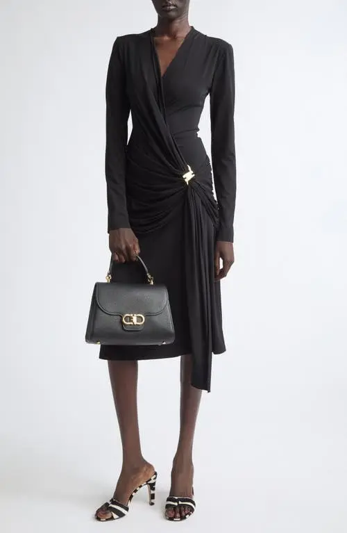 FERRAGAMO Long Sleeve Wrap Dress With Sculptural Hardware - Nero