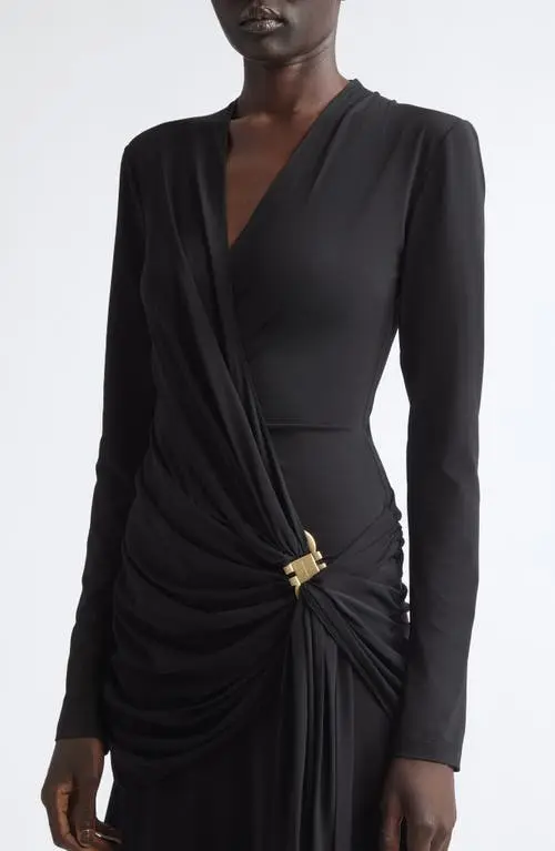 FERRAGAMO Long Sleeve Wrap Dress With Sculptural Hardware - Nero