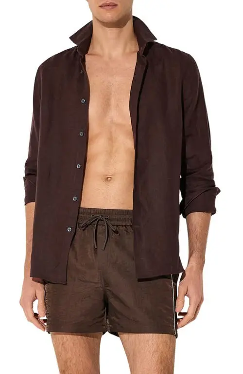 REISS Breeze Piped Nylon Swim Trunks - Chocolate Brown