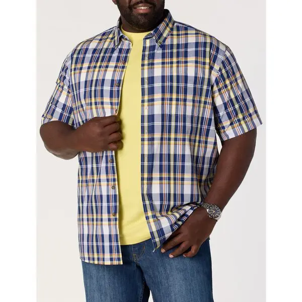HARBOR BAY BY DXL Big & Tall Easy-care Medium Plaid Sport Shirt V9 - Blue Multi