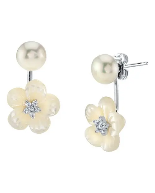 The Pearl Source White Freshwater Pearl And Mother Of Pearl Orchid Flower Drop Earrings - Sterling Silver