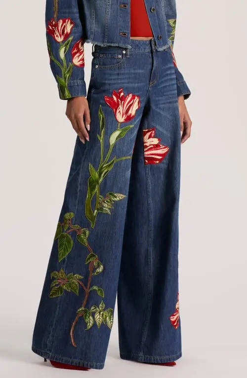 Alice + Olivia Embroidered Wide Leg Jeans - Freyja Blue/soft Tulip