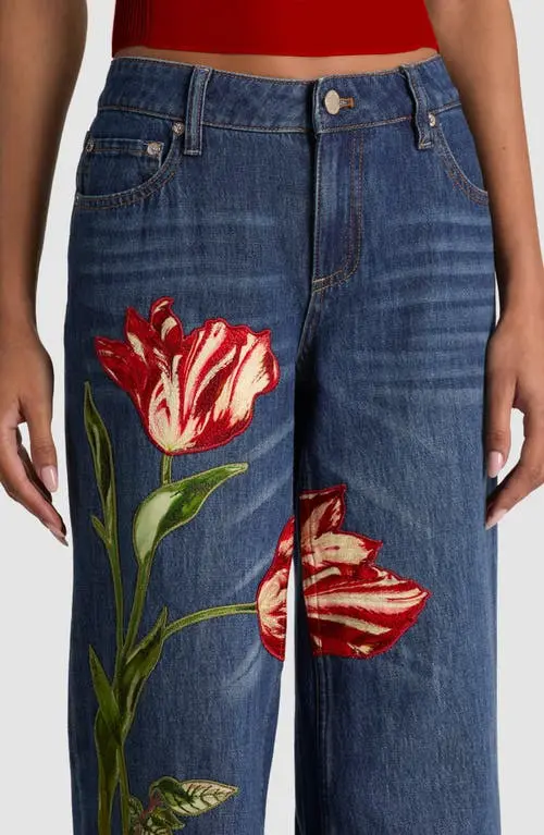 Alice + Olivia Embroidered Wide Leg Jeans - Freyja Blue/soft Tulip