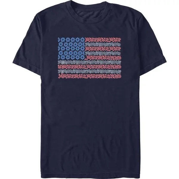 LOST GODS Roses And Daisies American Flag Short Sleeve Graphic T-shirt - Navy Blue
