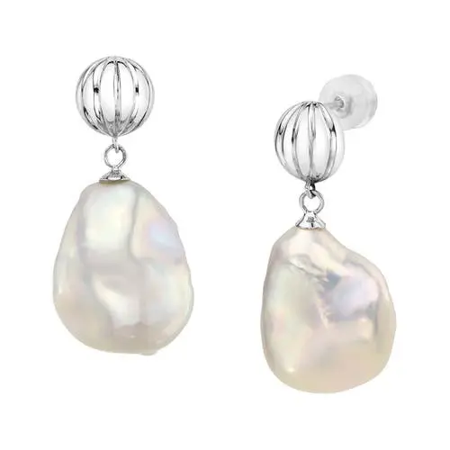 The Pearl Source White Freshwater Baroque Pearl Drop Earrings - Sterling Silver