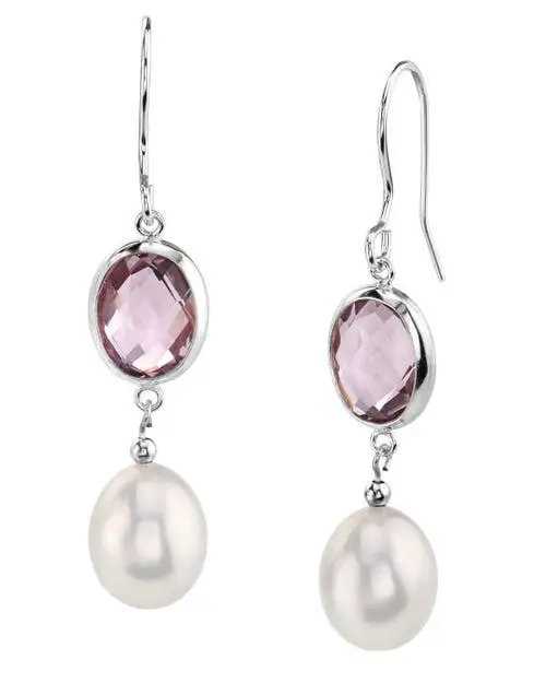 The Pearl Source Freshwater Amethyst & Drop Pearl Hailey Tincup Earrings - Sterling Silver