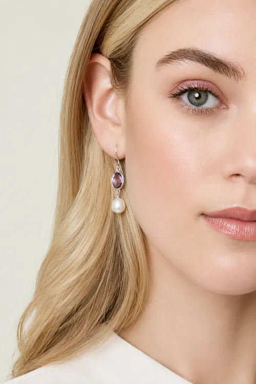 The Pearl Source Freshwater Amethyst & Drop Pearl Hailey Tincup Earrings