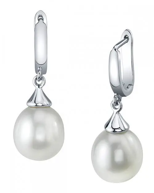 The Pearl Source White Freshwater Teardrop Pearl Leverback Earrings - Sterling Silver