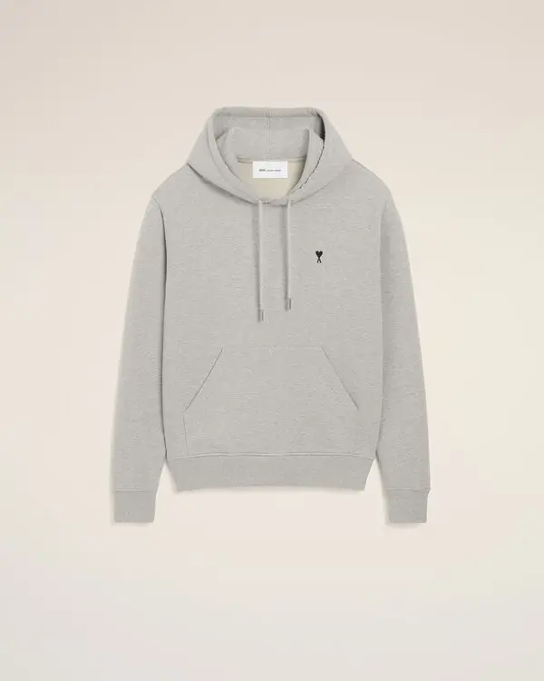 AMI Paris Grey Cotton Hoodie With De Coeur Embroidery - Heather Ash Grey