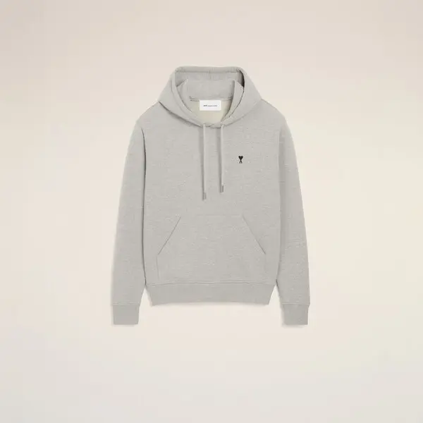 AMI Paris Grey Cotton Hoodie With De Coeur Embroidery