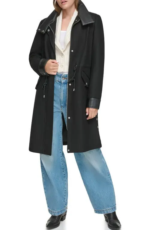 Andrew Marc Wool Blend Coat With Faux Leather Trim