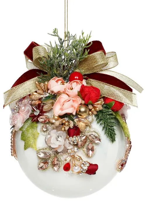MARK ROBERTS Floral Jeweled Ball Ornament - White