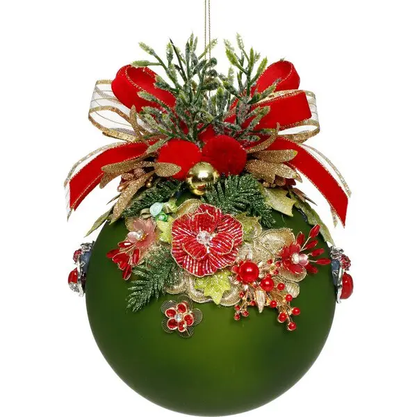 MARK ROBERTS Floral Jeweled Ornament - Olive Green