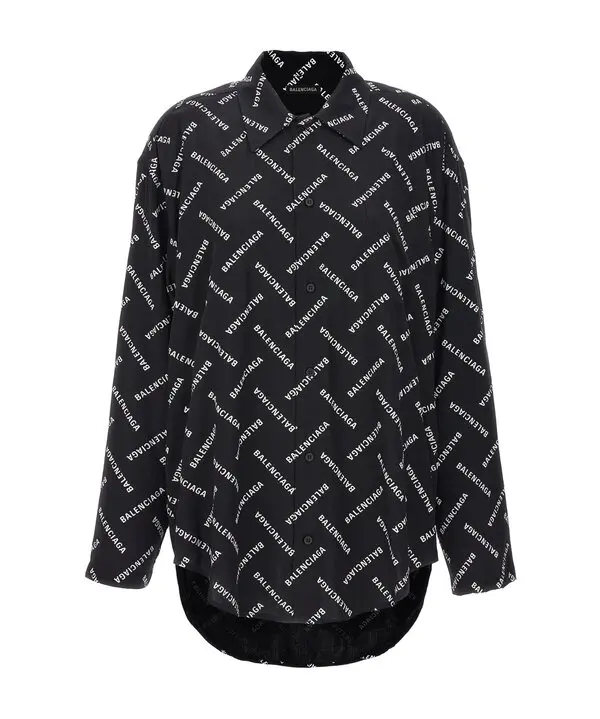 Balenciaga All-over Logo Collared Long-sleeve Shirt - Black/white