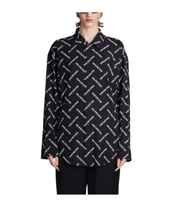 Balenciaga All-over Logo Collared Long-sleeve Shirt