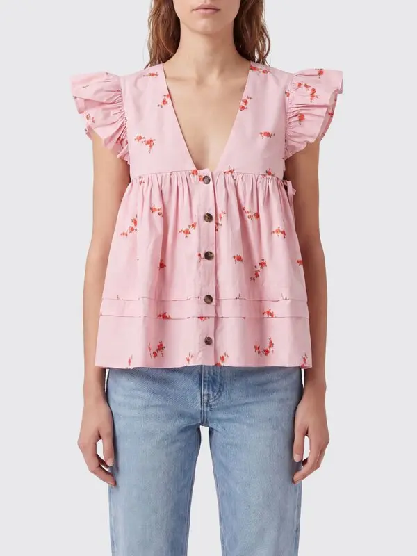 GANNI Ruffle Sleeve Blouse - Silver Pink