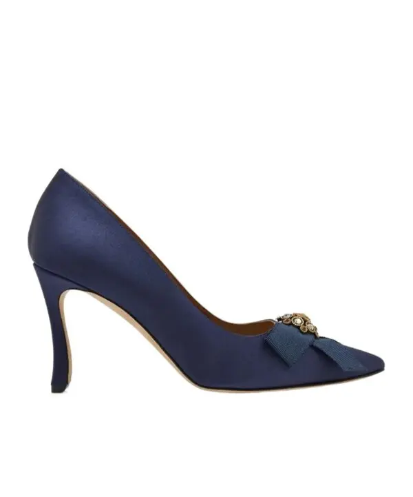 Manolo Blahnik Pointed Toe Stiletto High Heels With Bow Detailing - Navy