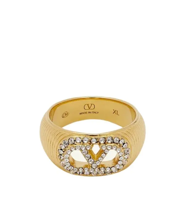 Valentino Garavani Gold-plated Crystal Embellished Vlogo Signet Ring - Yellow