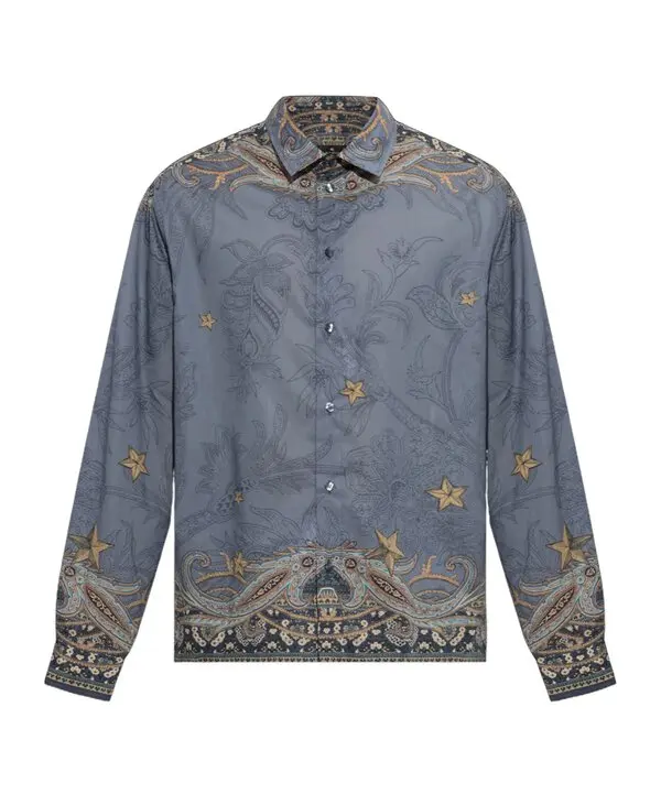 Etro Cotton Muslin Shirt With Placed Pegaso Print - Blue