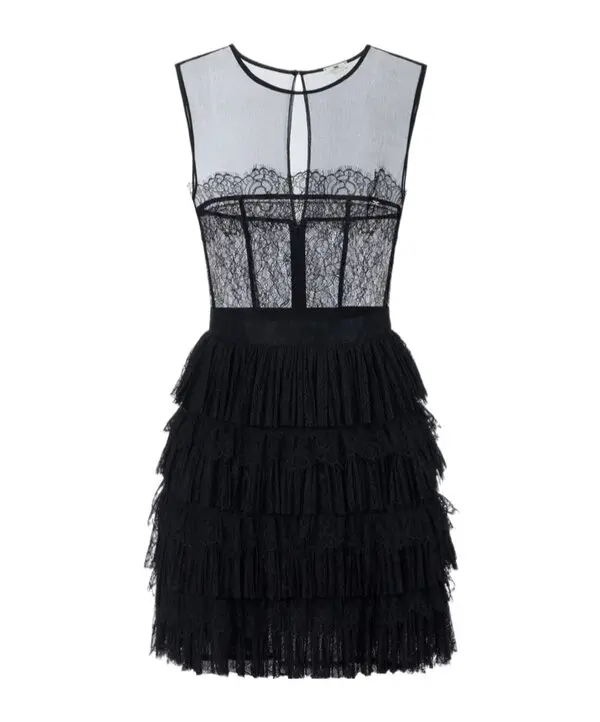 Elisabetta Franchi Mini Dress In Crepon And Floral Lace - Black