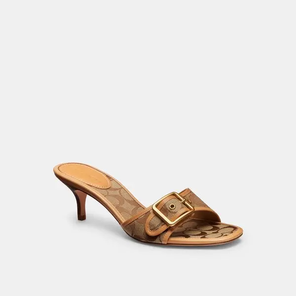 COACH Margot Sandal In Signature Jacquard With Kitten Heel - Khaki/light Peach
