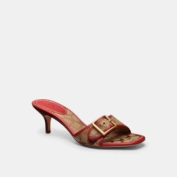 COACH Margot Sandal In Signature Jacquard With Kitten Heel - Khaki/poppy