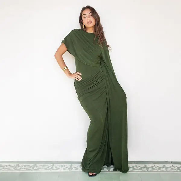 MALOA Zahra Maxi Dress With Cape Effect - Green