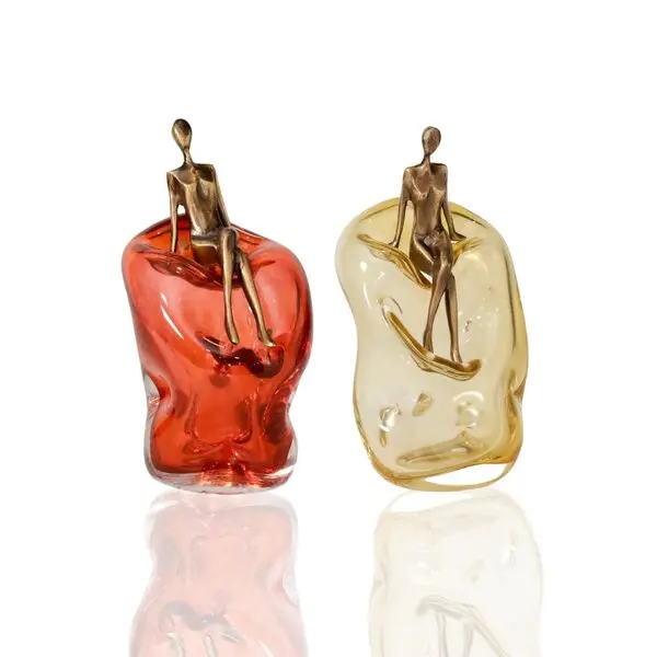 MARLETH Red / Yellow Abstract Glass Sculpture With Bronze Figure