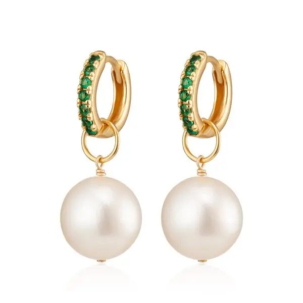 SCREAM PRETTY Emerald Green & Baroque Pearl Charm Hoop Earrings - Gold