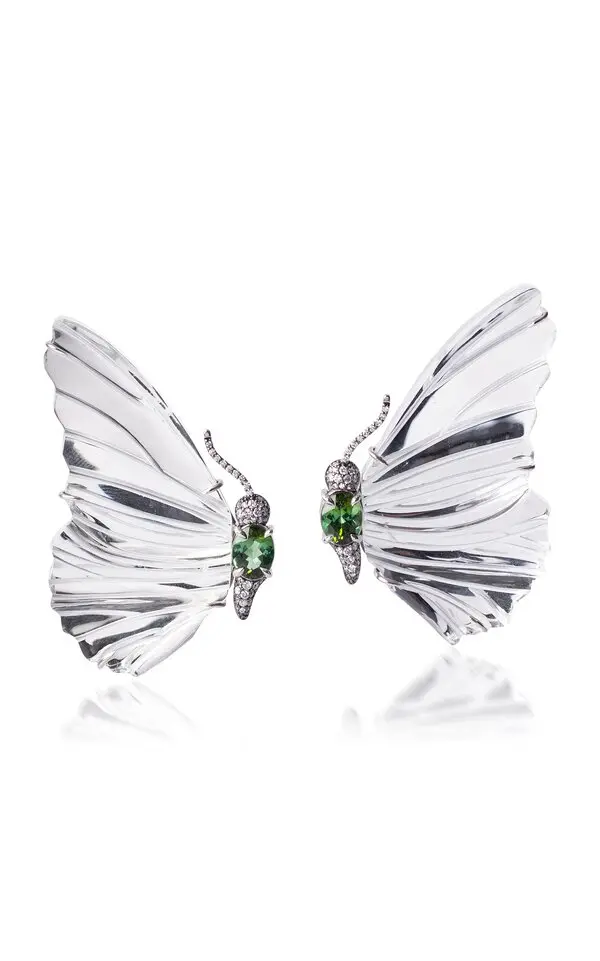 SILVIA FURMANOVICH 18k White Gold Butterfly Shaped Mirror Earrings With Diamond And Green Tourmaline - Multi